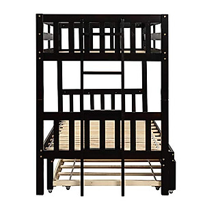 CJLMN Twin Over Twin/King Bunk Beds with Trundle, Wooden Twin Over Twin/Full/Queen/King Bunk Bed, Accommodate 4 People Extendable Bunk Beds with Ladder and Safety Rail for Kids and Teens