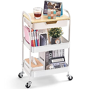 TOOLF 3-Tier Utility Rolling Cart with Wooden Board and Drawer, Metal Storage Cart with Handle, White Trolley Kitchen Organizer Rolling Desk with Locking Wheels for Office, Classroom, Home, Bedroom