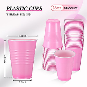 Mifoci 50 Pcs 16 oz Plastic Drinking Cups Plastic Disposable Cups for Wedding graduation Birthday Party Valentine Christmas Picnics Barbecues Supplies(Pink)