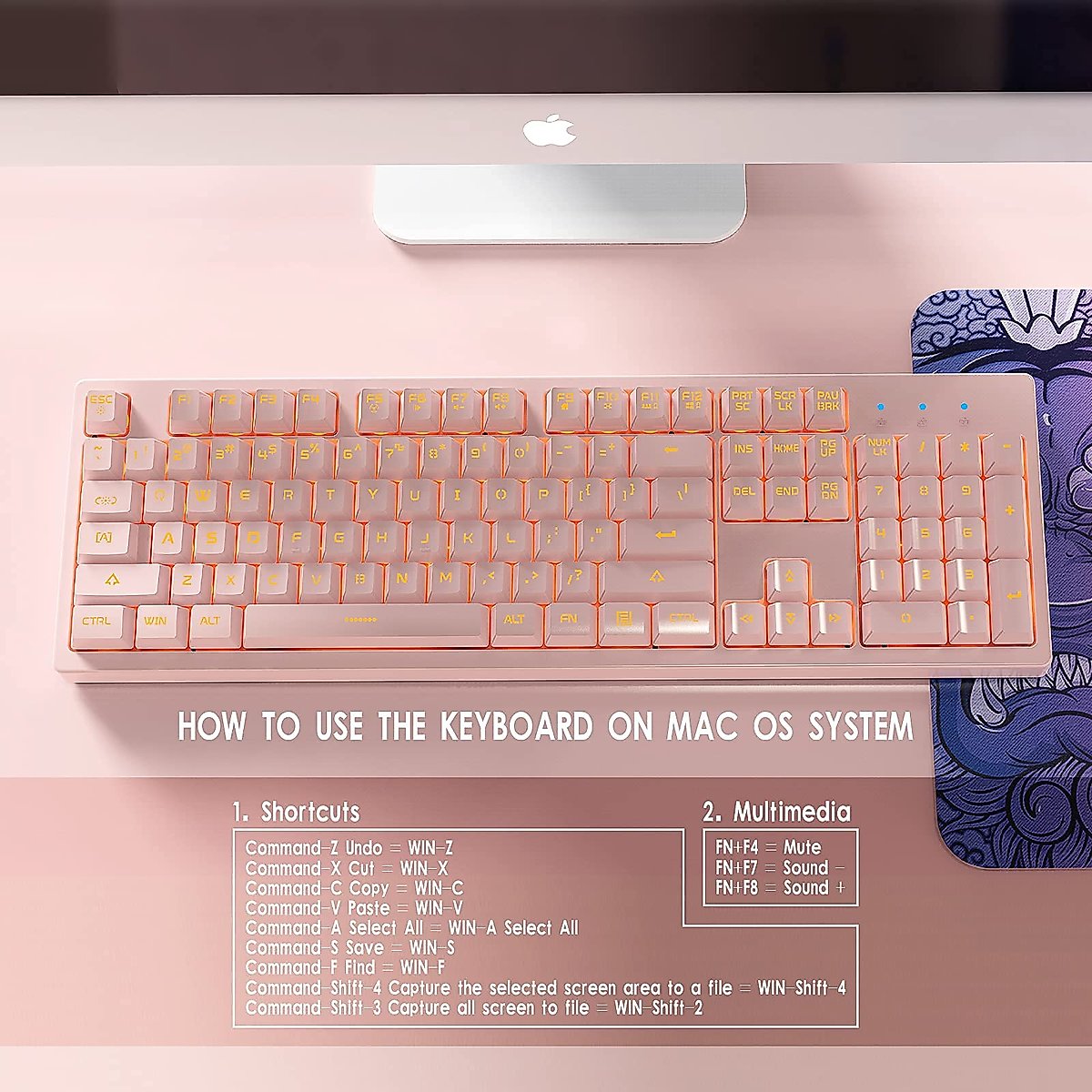 Basaltech Pink Keyboard with 7-Color LED Backlit, 104 Keys Quiet Silent Light Up Keyboard, 19-Key Anti-Ghosting Cheap Gaming Keyboard Mechanical Feeling Waterproof Wired USB for Computer, Mac, Laptop