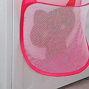 Mesh Collapsible Small Wall Laundry Baskets,plplaaoo Hanging Laundry Hamper,Pop Up Laundry Hamper with Hook,Used for Bedroom,Bathroom,Guys and Girls Dorms(Pink)