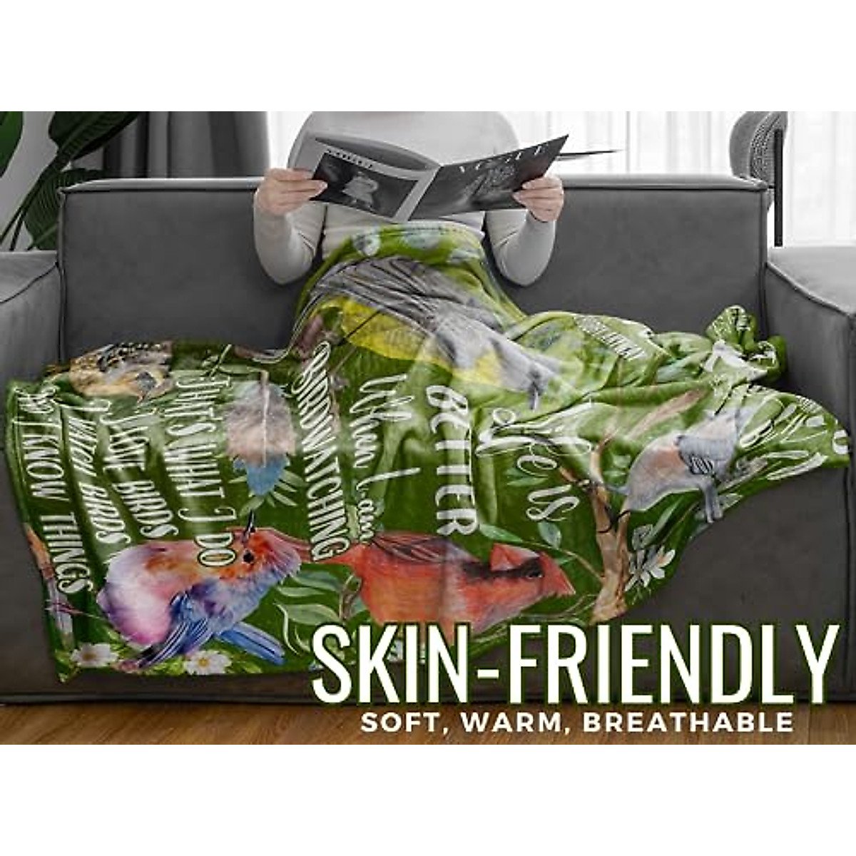 Bird Watching Gifts, Bird Blanket for Bird Lovers & Bird Watchers, Bird Lover Gifts, Bird Nerds Gifts, Bird Watching Blanket, Blanket for Bird Lovers, 65 x 50 Inches Flannel Throw Blanket, Green