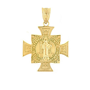 Solid 10k Yellow Gold St. Benedict of Nursia Maltese Cross Charm Pendant (0.97")