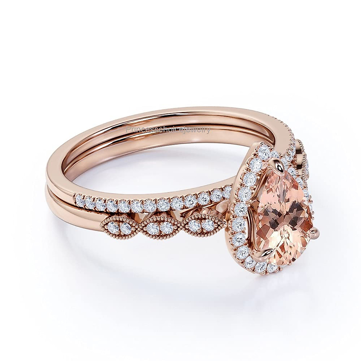 PB Collection Pear Shaped Morganite Engagement Ring Half eatrnity Wedding Band Bridal Ring Set for Women