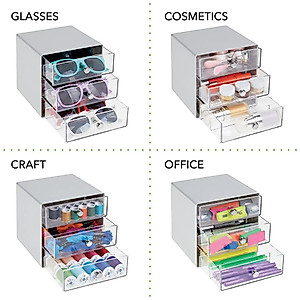 mDesign Stackable Plastic Eye Glass Storage Organizer Box Holder for Sunglasses, Reading Glasses, Lens Cleaning Cloths, and Accessories - 3 Divided Drawers, Chrome Pulls - Gray/Clear