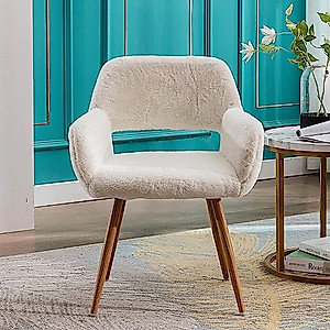 GOOLON Desk Chair No Wheels 1 PC, Modern Fluffy Office Chair, Furry Vanity Chair for Bedroom with Hollow-Out Backrest Comfy Armrest Soft Cushion Sturdy Wood Frame with Metal Legs for Home, White