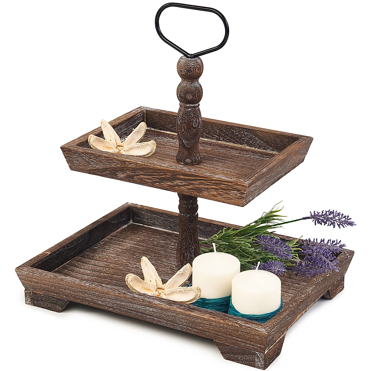 Rustic Wooden Two Tiered Tray Farmhouse - Rectangle Stand for Serving Food Fruits Cupcakes - Perfect for Your Summer Decor - Tiered Tray Decor Holder