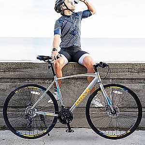 deenkk 700C Hybrid Road Bike 24 Speeds, Double Disc Brakes, Aluminum Alloy Lightweight Frame, City Commuter Bike for Men/Women，Grey