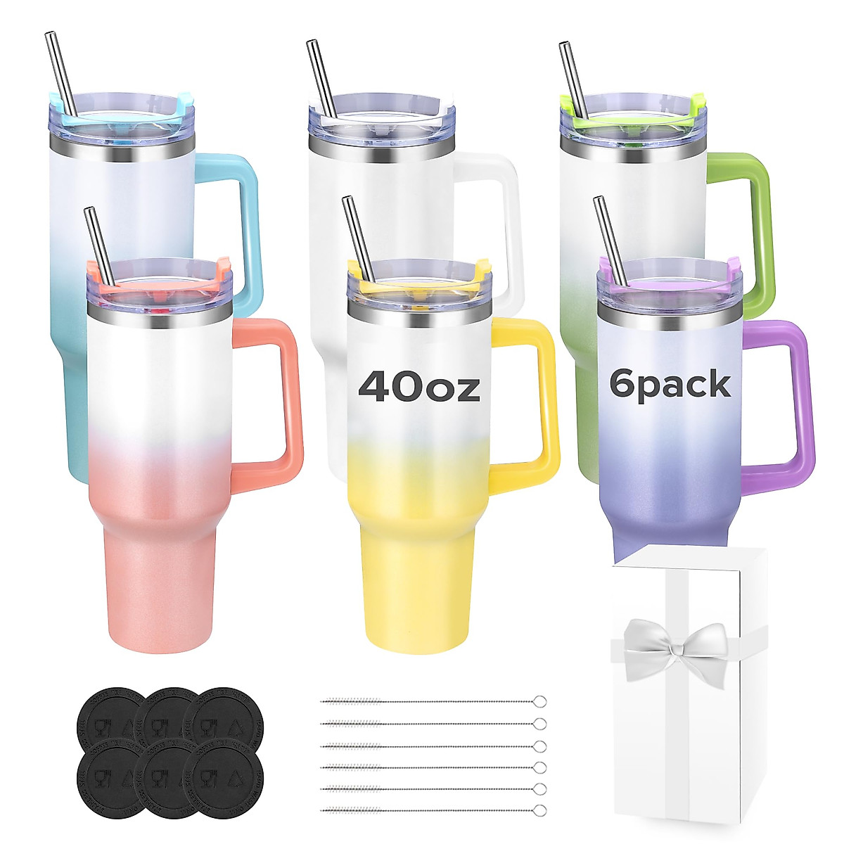 FASTSUB 40 oz Sublimation Tumbler with Handle Lid and Straw Glitter Sparkly Cup Removable Handle Double Wall Vacuum Insulated Travel Mug Personalized Gifts for Tumbler Heat Press Multicolored 6 Pack