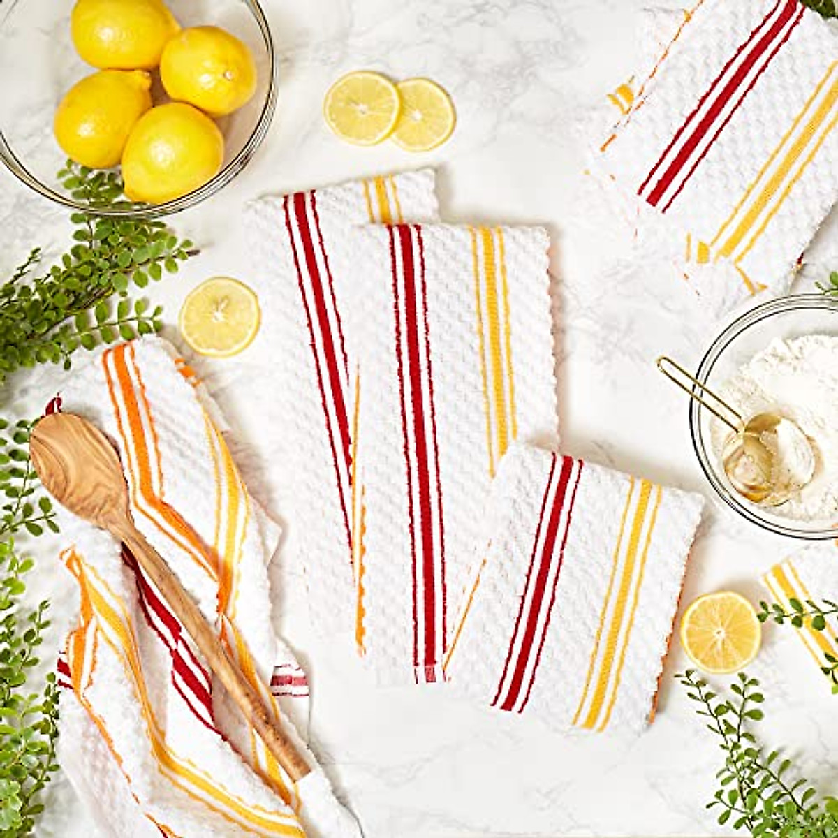 Cotton Stripe Terry Dish Towels, 15x25 Set of 12, Absorbent Durable Drying Cleaning Kitchen Towels-Red/Orange Stripe
