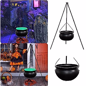 Outdoor Halloween Decorations - Large Witches Cauldron on Tripod with LED Light，Black Plastic Bowl Candy Bucket Halloween Decor for Lawn Garden Yard Home Porch Decorations