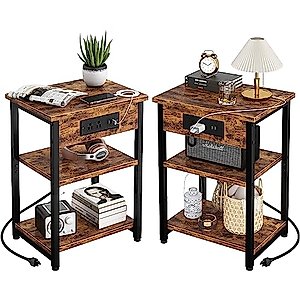 End Tables Set of 2 with Charging Station and USB Ports, 3-Tier Narrow Side Table Bedside Table with Power Outlets for Small Space Living Room Bedroom, Nightstands with Storage Shelves, Rustic Brown