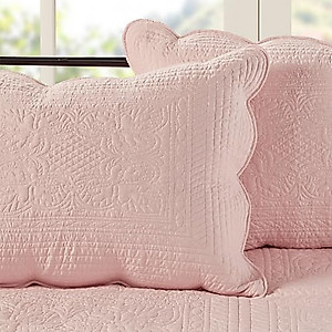 Madison Park Daybed Cover Set-Trendy Damask Quilting with Scalloped Edges All Season Luxury Bedding with Bedskirt, Matching Shams, Decorative Pillow, 75"x39", Tuscany Blush, 6 Piece