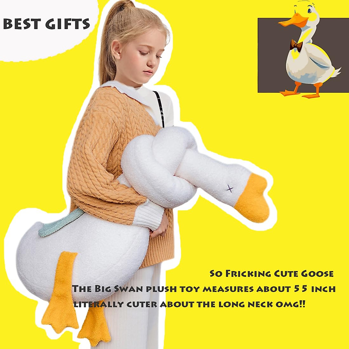 ELAINREN Giant Swan Stuffed Animal Toy with Long Neck, 55Inch White Goose Plush Soft Hugging Body Pillow Home Decor Cushion Easter Cute Duck Goose Plushie Dolls Gifts for Kids Xmas