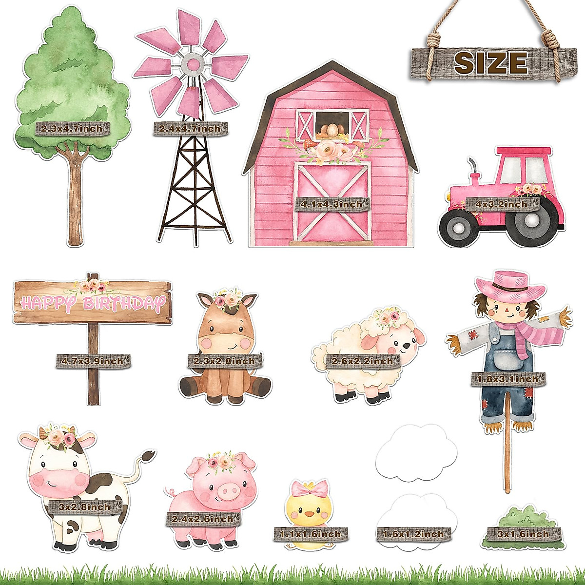 Pink Farm Cake Toppers for Farm Animals Birthday Decoration 14 Pcs Farm Animals Cake Becorations Birthday Party Supplies Cow Birthday Party Supplies