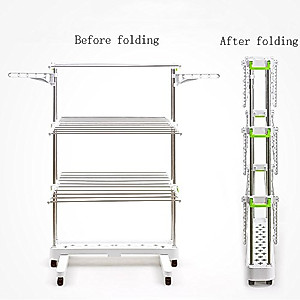 Newerlives BR505 3-Tier Collapsible Clothes Drying Rack with Casters, Laundry Drying Rack, Stainless Steel Hanging Rods, Indoor & Outdoor Use