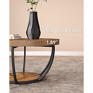 LITTLE TREE Round Coffee Table, 32" Circle Coffee Table for Living Room, 2-Tier Wood Accent Center Table with Open Storage Industrial Design Home Furniture (Wood Grain and Black)