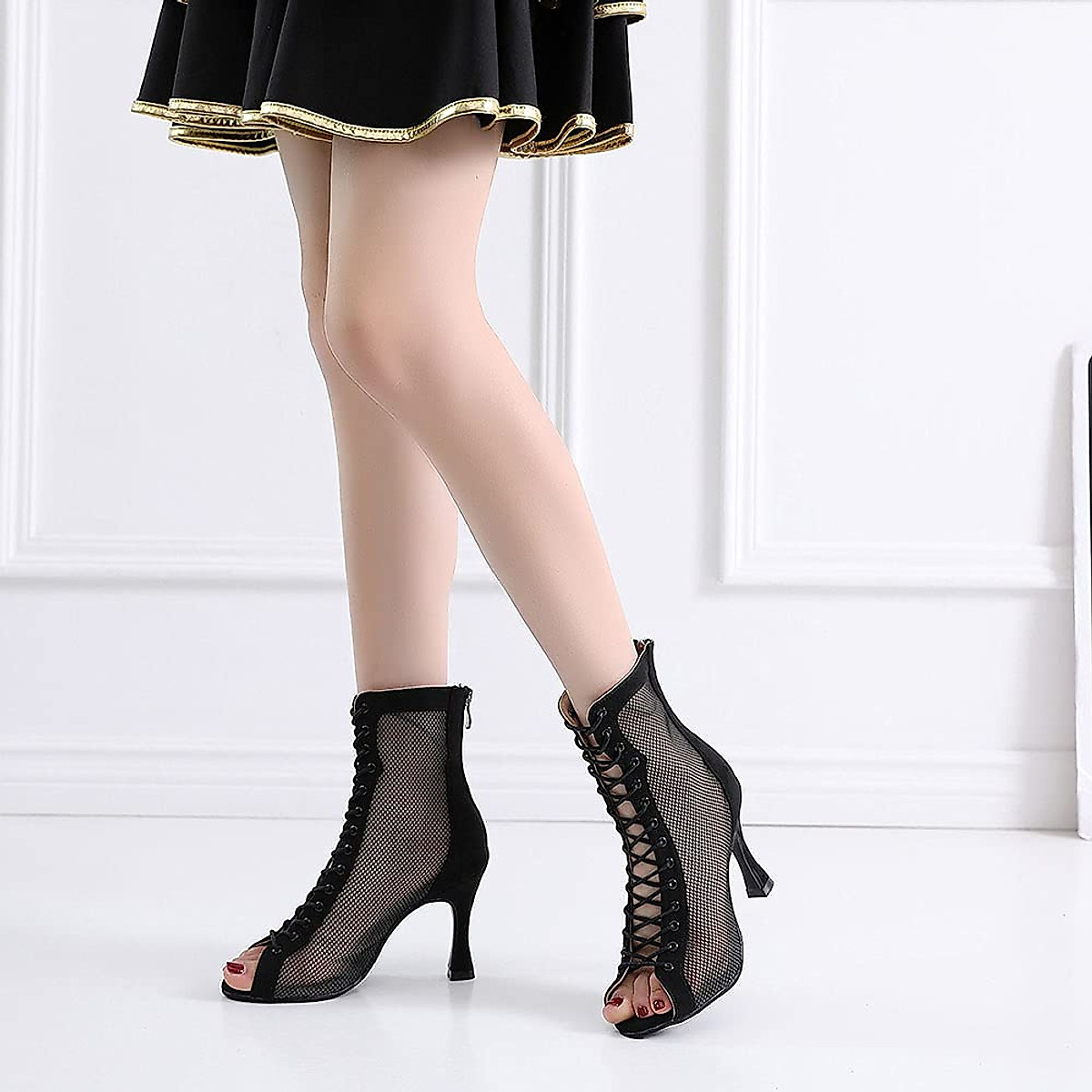 RUYBOZRY Women's Open Toe Ankle Latin Dance Boots Salsa Ballrooom Performence Practice Party Dance Shoes Heels,QJW7179-Black-7.5,US 8.5