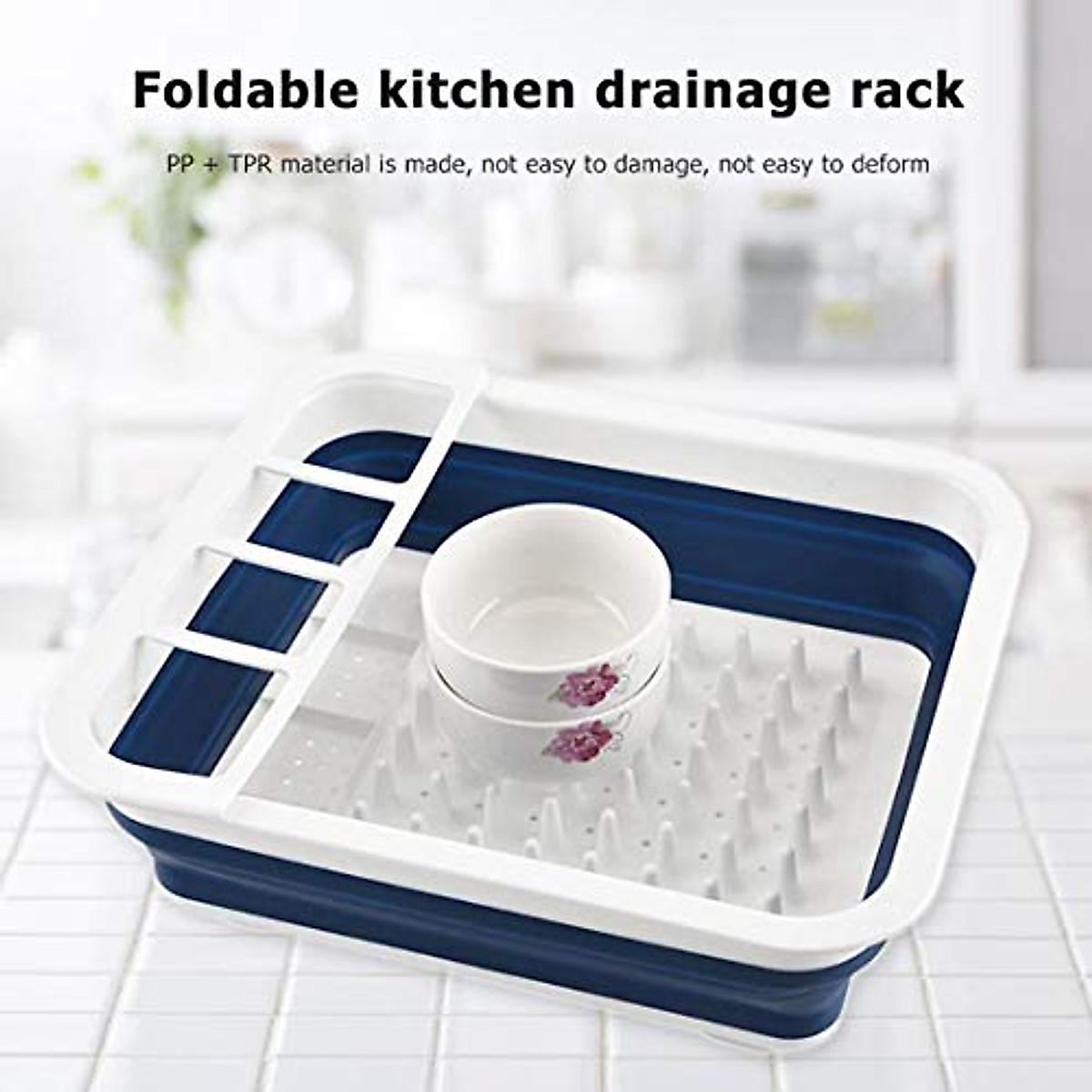 Multifunction KitchenDrying Dish Rack Collapsible Dish Drainer Rack Folding Bowl Drain Rack Tableware Holder Fruit Basket Organizer (Blue)