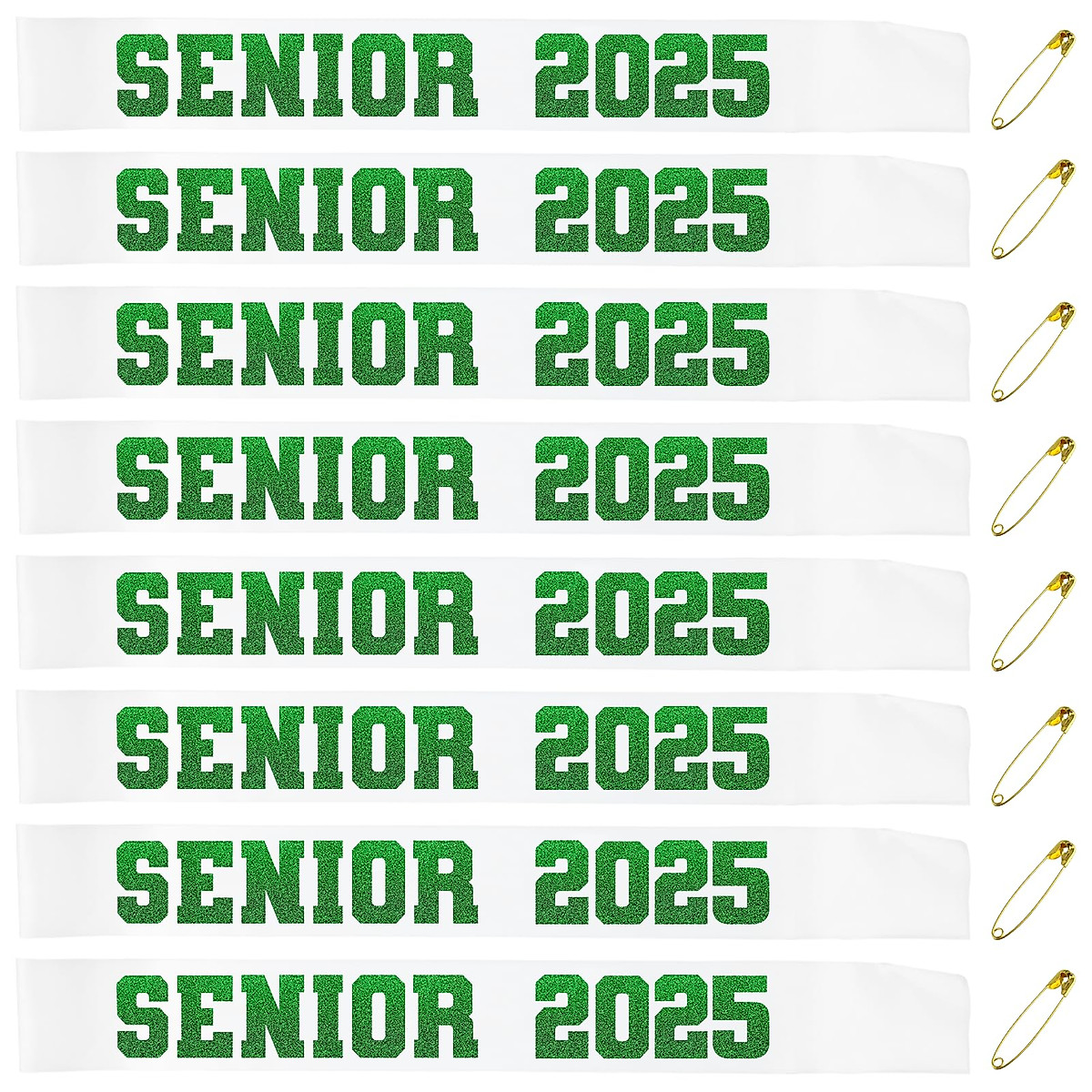 Generic 8 Pcs White Senior 2025 Sashes with Green Glitter Letters - Graduation Celebration sash, Senior Sashes Class of 2025, Senior Cheer Sash, Class Competition Sashes, Graduation Party Supplies