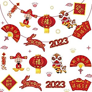 87 Pcs Chinese New Year Decorations Set 45 Chinese New Year Hanging Wall Decor 2 Red Ropes and 40 Glue Point Dots for Year of The Rabbit Chinese New Year Banner Spring Festival Party Supplies (2023)