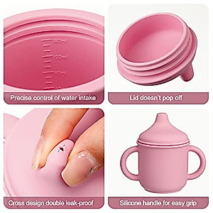 2 Pcs Silicone Sippy Cup Training Cup for Baby 6 Months+ Soft Baby Cup with Straw Spill Proof Sippy Cups for Toddlers with Handles and Spout Lid Easy Grip 5 Oz (Pink Series, Solid Style)