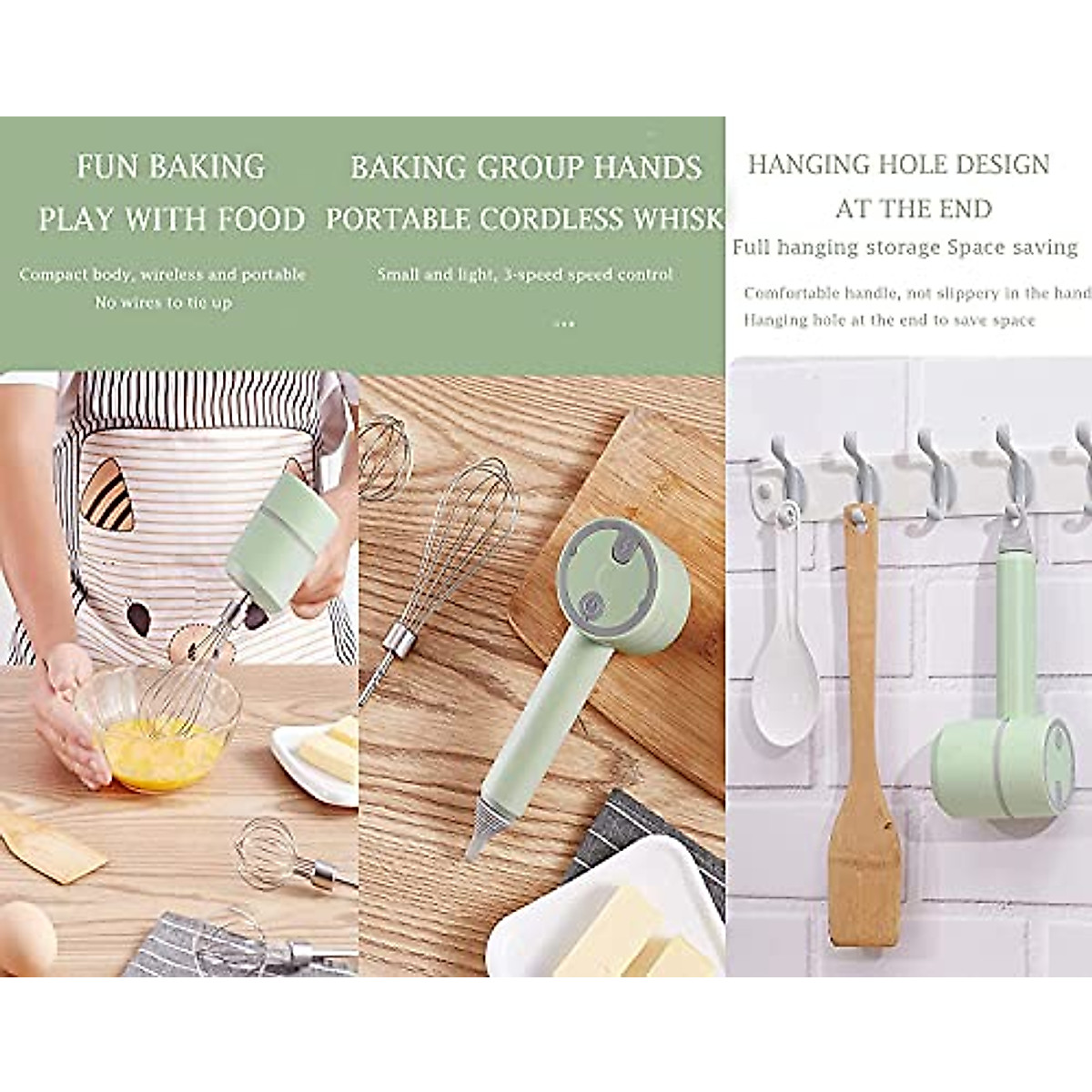Portable Electric Cordless Handheld Mixer, 3-Speed Adjustable Lightweight USB Rechargeable Hand Mixer Stainless Steel Egg Whisk with Double Egg Sticks for Kitchen Baking and Cooking (Green)