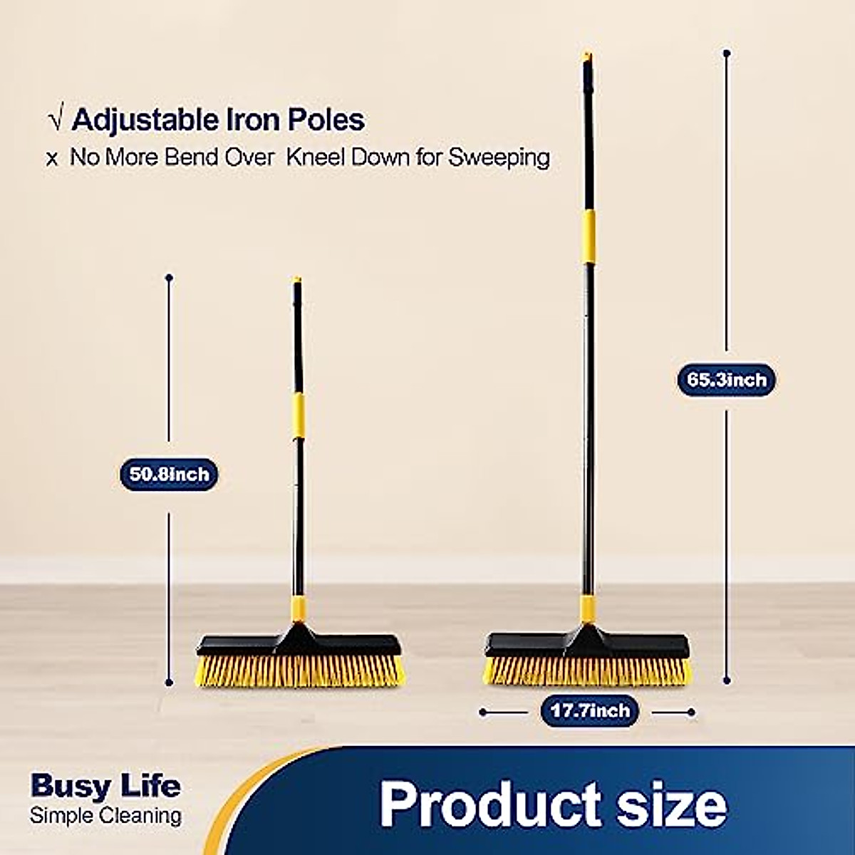 Yocada 18 Inch Push Broom Heavy-Duty Outdoor Commercial Broom Brush Stiff Bristles for Cleaning Patio Garage Deck Concrete Wood Stone Tile Floor 65.3" Long