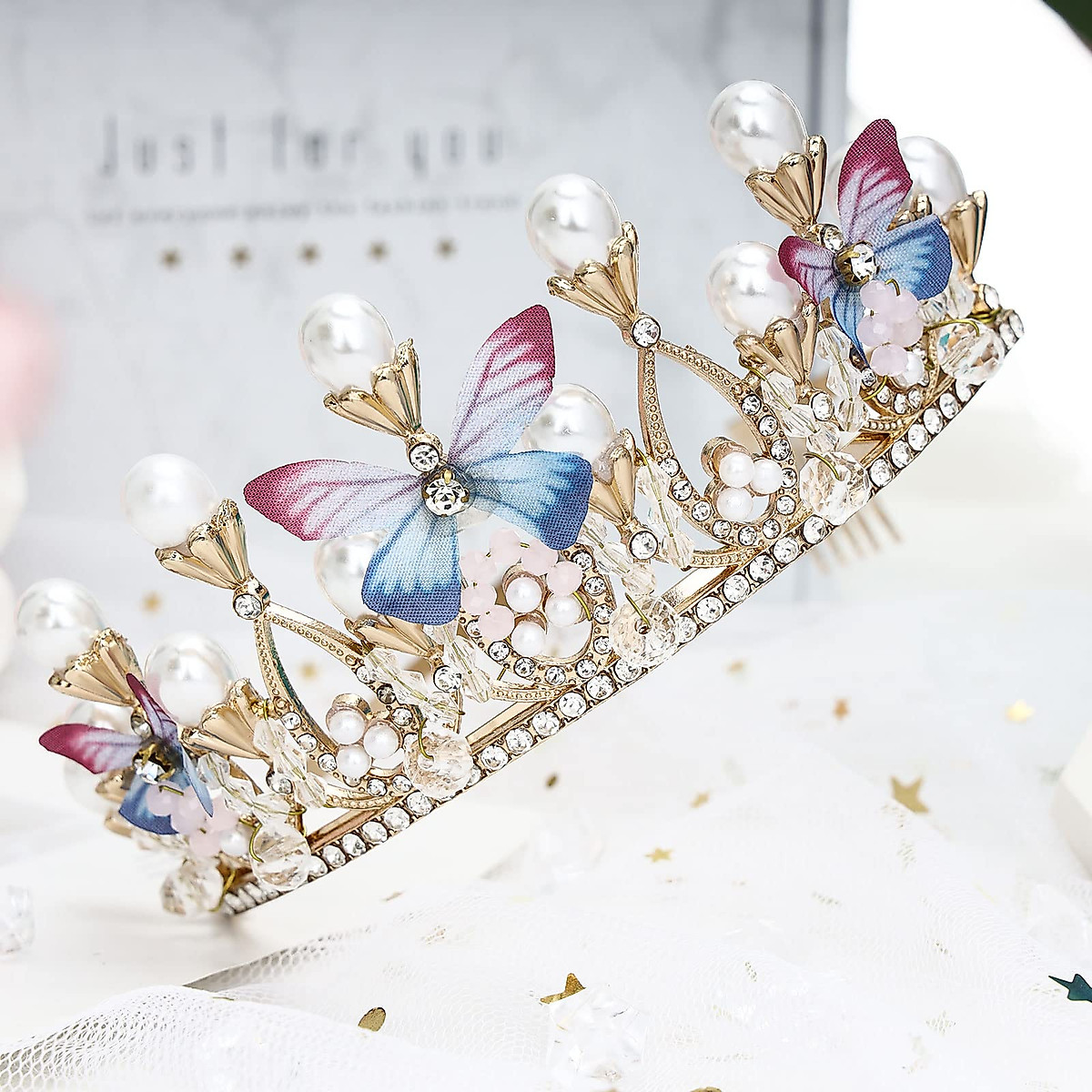 Makone Girls Tiara Butterfly Princess Crown with Comb Gold Pearl Headband Rhinestone Hair Accessories for Halloween Birthday Wedding Bridal Prom Christmas Gifts