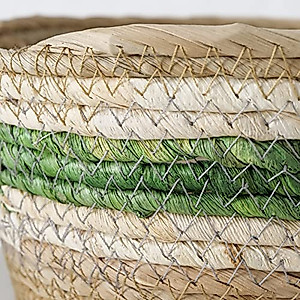 Coastal Green Stripes 3 Piece Basket Set, Shelf Organizers, Corn Husk Wicker, Chunky Rope Weave, Stitched, Diameter 9.75 Inches