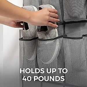 HOME GENIE 24 Pocket Strong Space Saving Over Door Shoe Organizer, Holds Up to 40 Pounds, Stay In Place Hooks Large Breathable Mesh Pocket Hanging Behind Closet Caddy Holder, Cabinet Rack, Gray