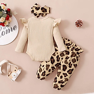 OLLUISNEO 0-3 Months Baby Girl Clothes Infant Romper Outfits Ruffle Sleeve Top Leopard Pant Set Newborn Baby Clohtes for Girls