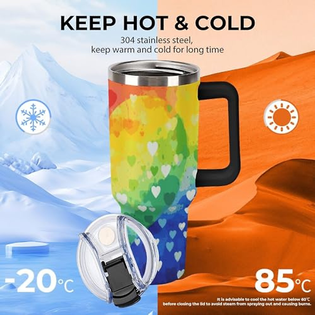 LLUTSNTH 40 Oz Vacuum Tumbler with Black Handle Leakproof Insulated Tumbler Colorful Rainbow Love Heart Stainless Steel Travel Mug with Lid And Straw Coffee Cup Cute Water Bottles Cup Holder Friendly