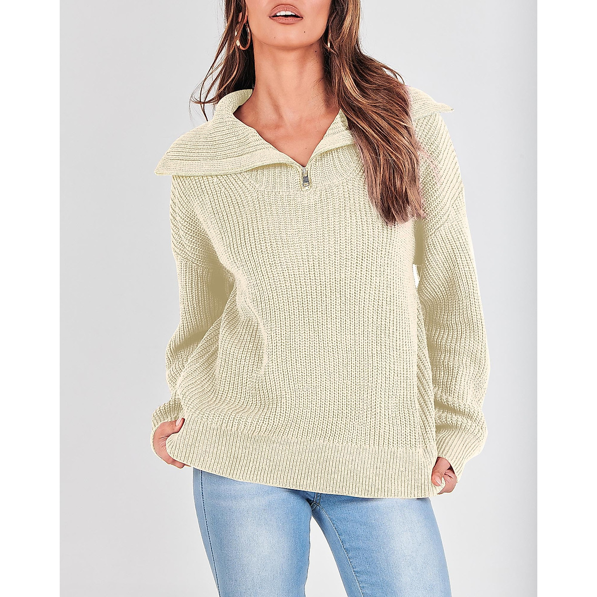 KIRUNDO Women's 2024 Fall Winter Long Sleeve Quarter Zip Pullover Casual V Neck Ribbed Knit Sweaters Jumper Tops(Beige White, Large)