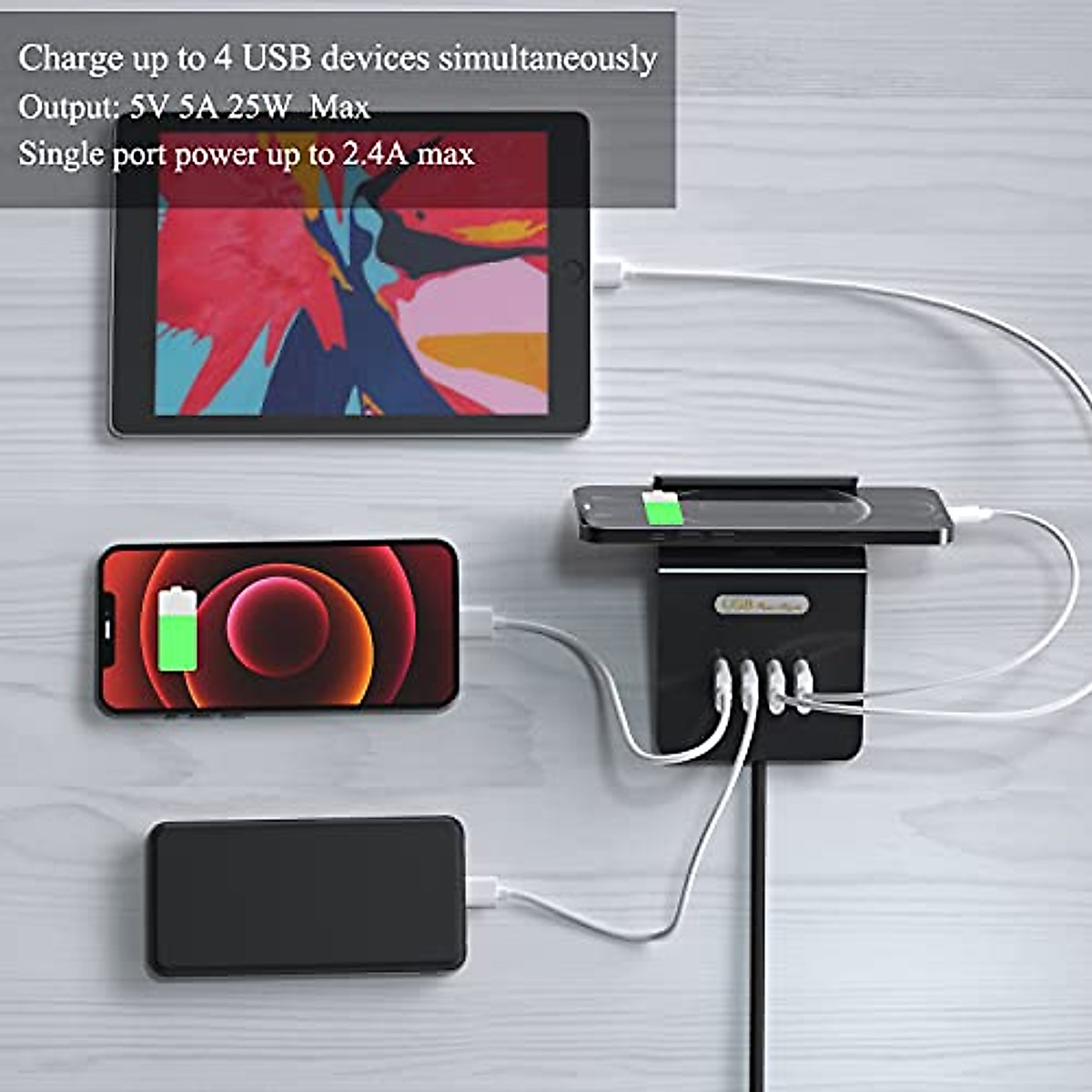 USB Charging Station, 4 USB Desktop Charging Station for Multiple Devices Compatible with Smart Phones, Speaker, Power Bank and More