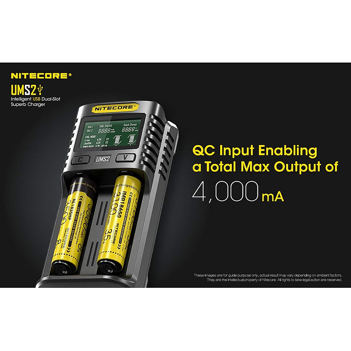 Nitecore UMS2 Intelligent USB Dual-Slot Quick Battery Charger for Li-Ion/Ni-MH/Ni-Cd/IMR 16340 14500 18650 21700 20700 AA AAA and More Batteries, with LumenTac Battery Organizer
