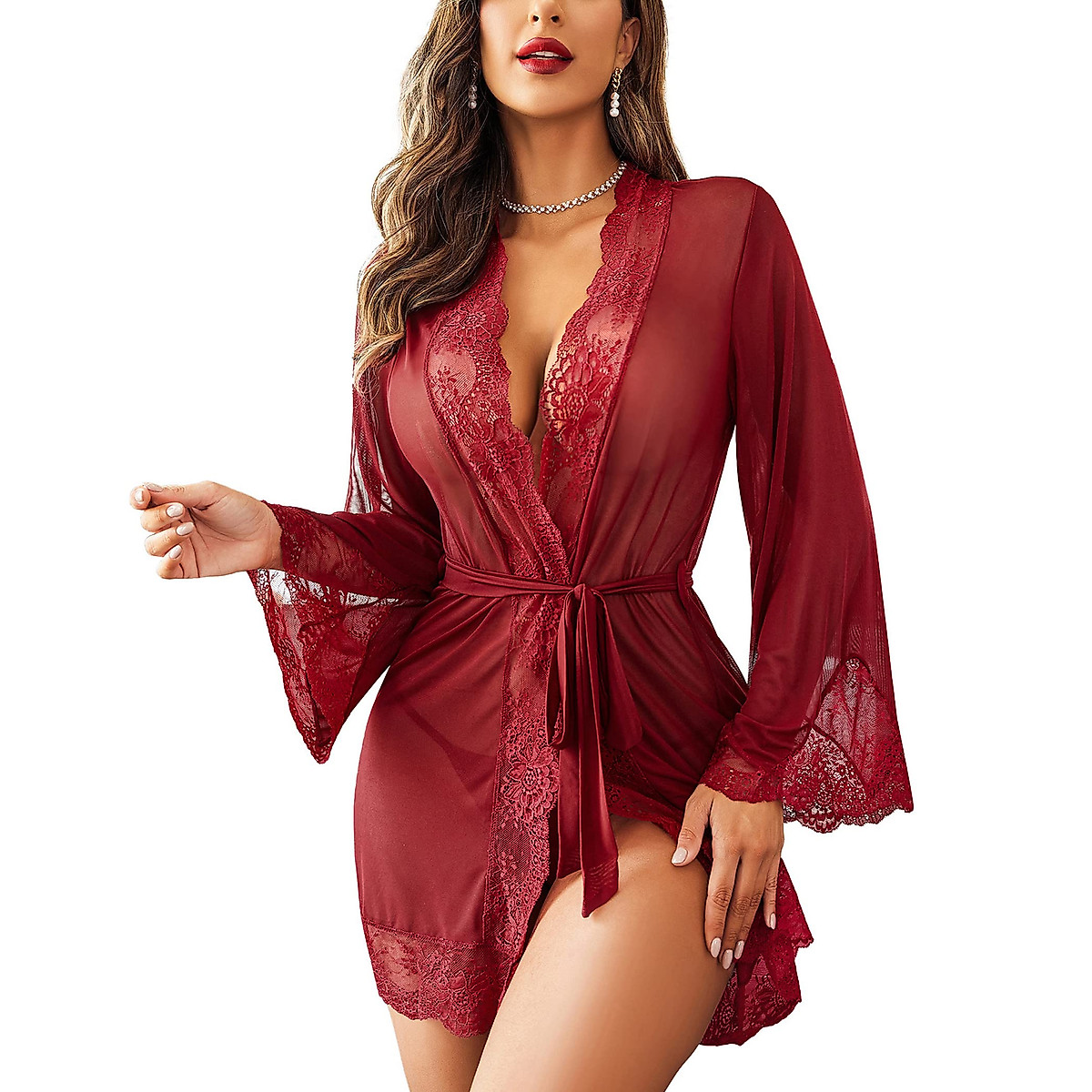 Avidlove Women Lace Kimono Robe Babydoll Sexy Lingerie Mesh Chemise Nightgown Cover Up