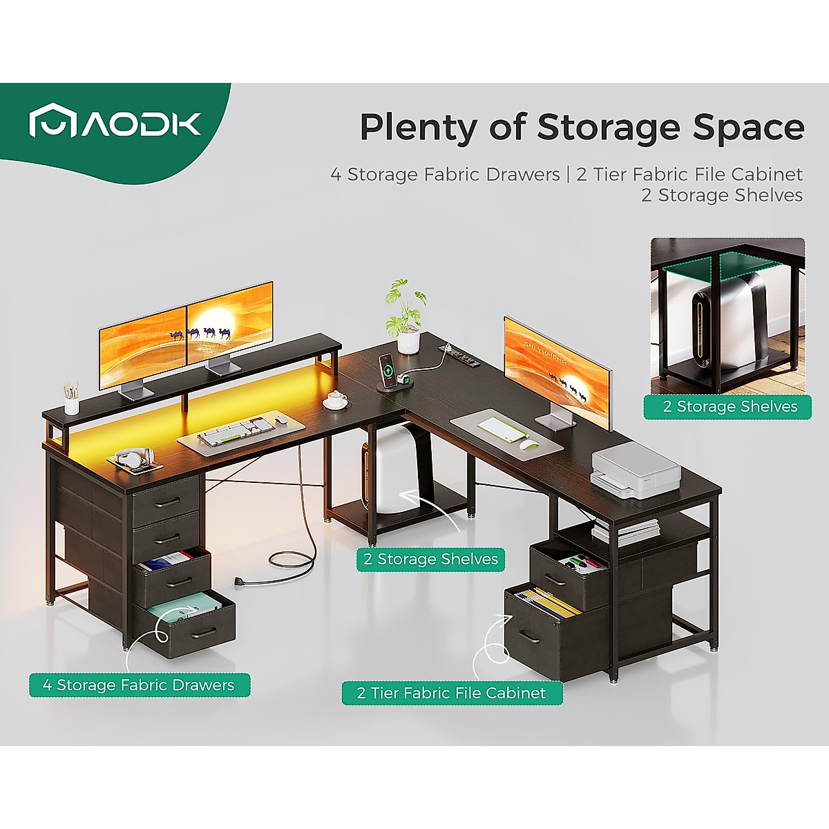 AODK 66" L Shaped Computer Desk, 113“ Reversible Home Office Desk with File Cabinet & 4 Fabric Drawers, Two Person Desk with LED Lights & Power Outlet, Corner Gaming Desk with Monitor Shelf, Black