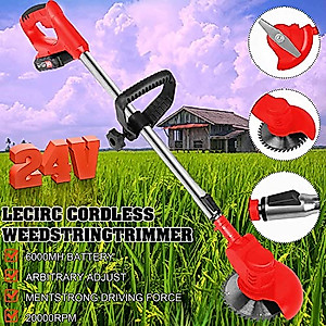 Electric Cordless Weed Wacker,24V 2Ah Battery Powered Weed Eater with 2 Batteries and 3 Types Blades,Lightweight and Powerful String Trimmer for Yard and Garden(RED)