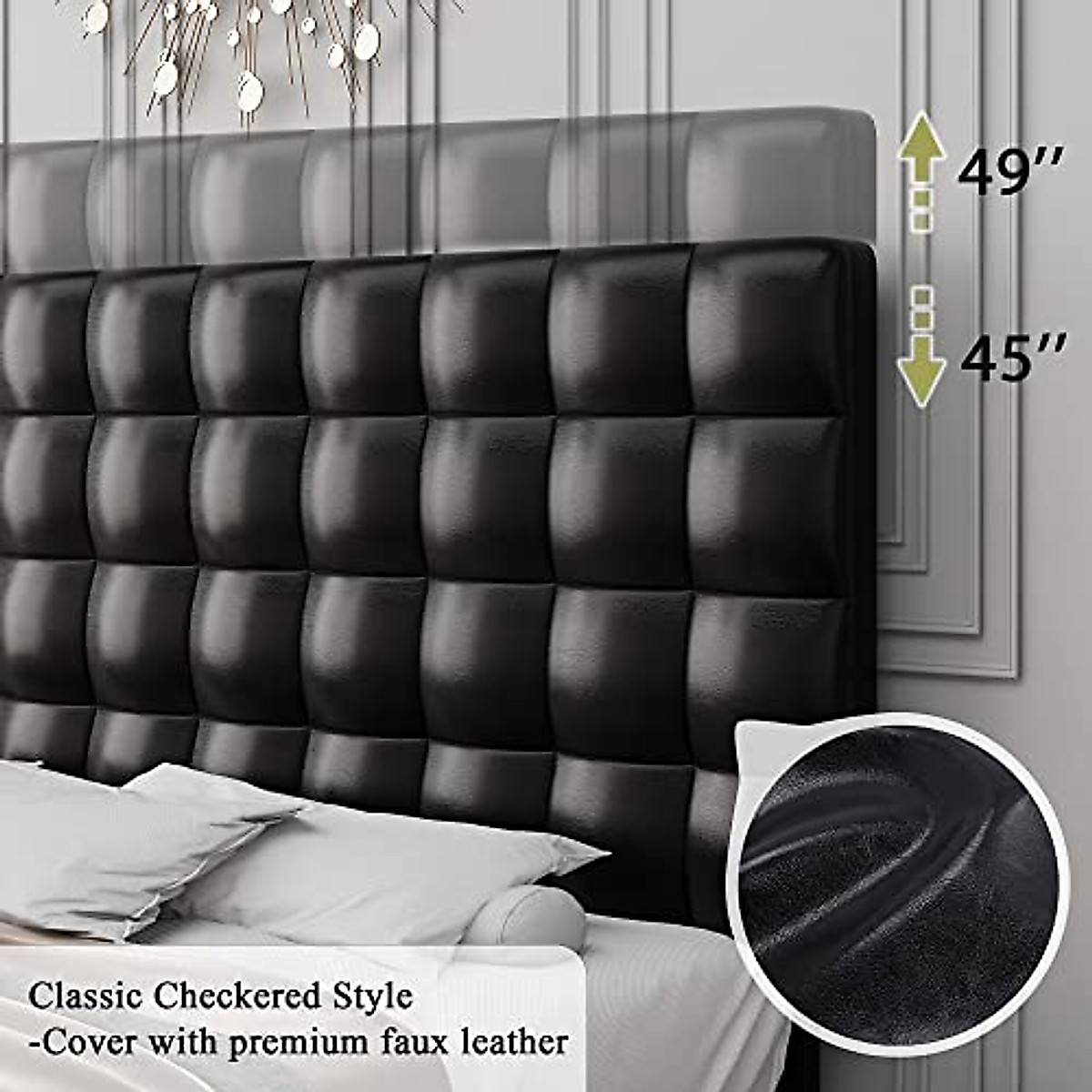 Feonase Queen Bed Frame with Square Stitched Headboard, Faux Leather Upholstered Platform Bed Frame, High-Density Sponge Filled, Solid Wood Slats, No Box Spring Needed, Noise-Free, Black