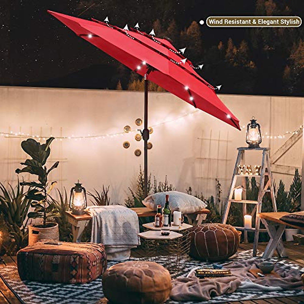 Yescom 9ft 3 Tier UV70+ Solar Powered Patio Umbrella with LED Crank Tilt Button Aluminum Outdoor Home Garden Yard Deck