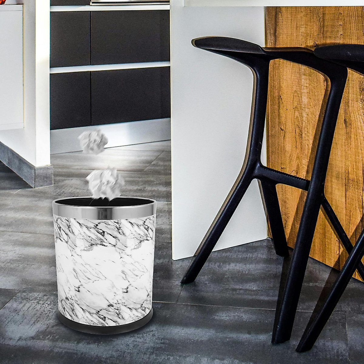 Luxshiny Office Trash Can Round Metal Wastebasket Marble Garbage Basket Bin for Bathroom Bedroom Kitchen Home Office White 10L