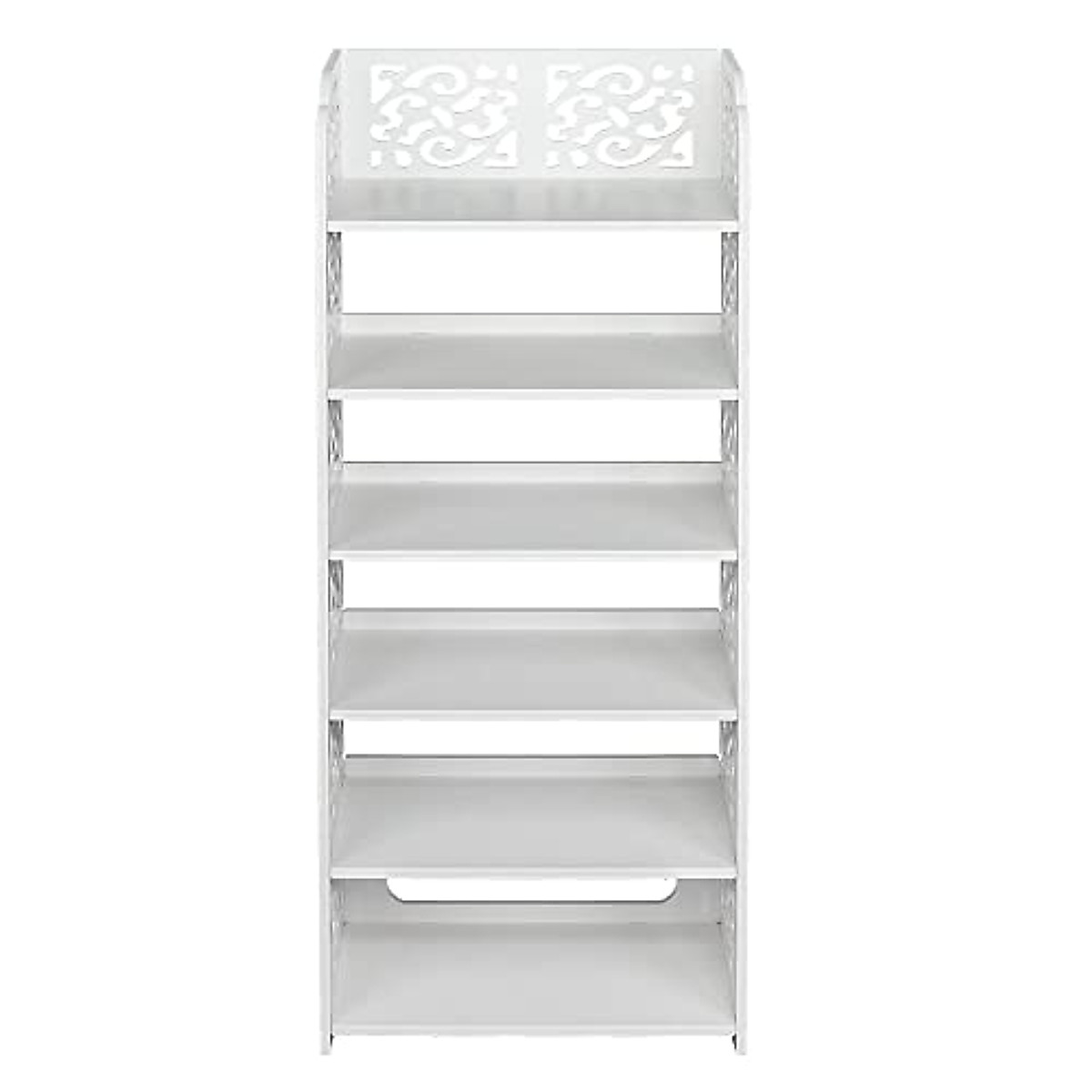 Stylish 6 Tier Wood-Plastic Shoe Rack Organizer with Carved Design - Elegant White Decorative Closet Shoe Storage Rack