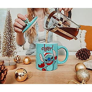Disney Lilo & Stitch Holiday Cheer Ceramic Mug With Lid | Large Coffee Cup For Espresso, Caffeine, Tea