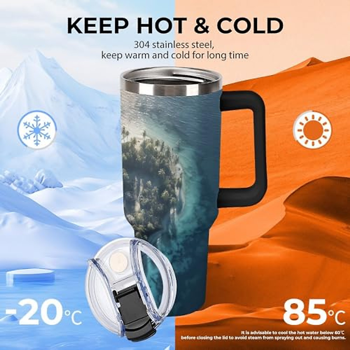 Heart Shaped Island 40 Oz Water Bottle, Stainless Steel Tumbler with Handle And Straw, Extra Large Insulated Tumbler, Flip Straw Tumblers for Sports, Work, Car, Travel And Weekends