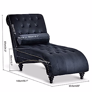 ONPNO Tufted Velvet Chaise Lounge Indoor, Leisure Accent Chair Upholstered Couch with Toss Pillow for Bedrooom Living (Black) 55.1D x 25W x 34.3H in