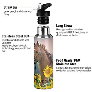 ALAZA Custom Sunflower Horse Water Bottle with Name for Kids Girls with Straw Personalized Insulated Stainless Steel Water Flask Thermos for School Sport 20 Ounce