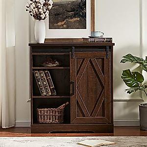 WAMPAT Coffee Bar Cabinet with Barn Doors, Farmhouse Sideboard Buffet Cabinet with Storage for Living Room Dinning Room Rustic Brown