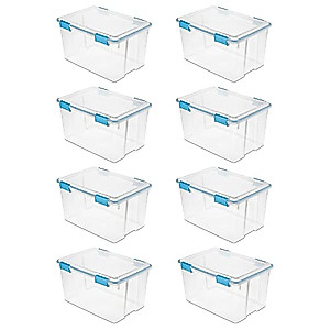 Sterilite 54 Quart Clear Plastic Stackable Storage Container Box Bin with Air Tight Gasket Seal Latching Lid Long Term Organizing Solution, 8 Pack