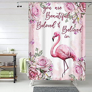 citari Pink Flamingo Shower Curtain Floral Flamingo Bathroom Shower Curtains Modern Polyester Fabric Waterproof Shower Curtains 60 x 72 Inch